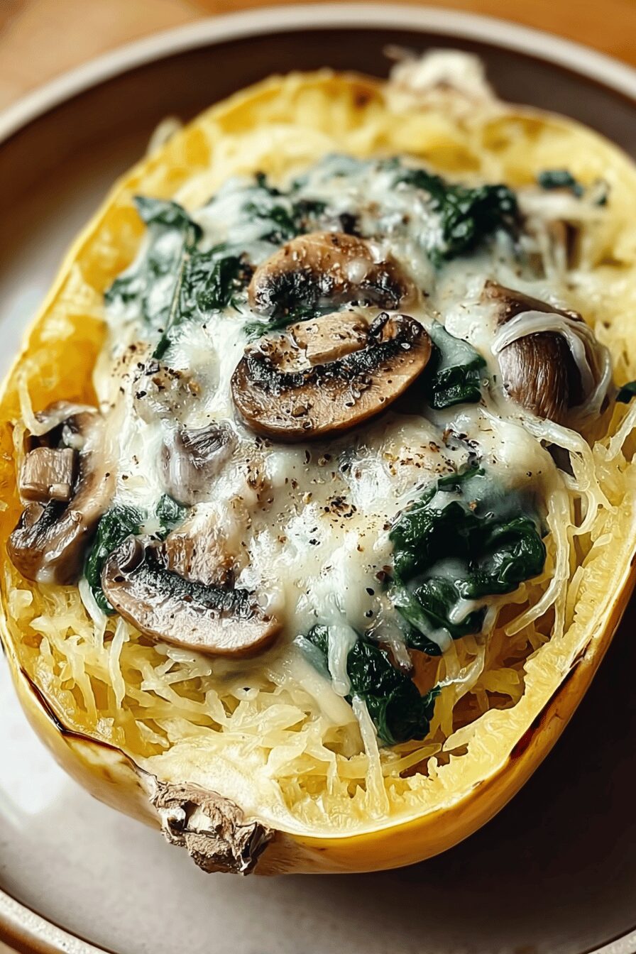 Creamy Garlic Spinach Mushroom Spaghetti Squash Recipe